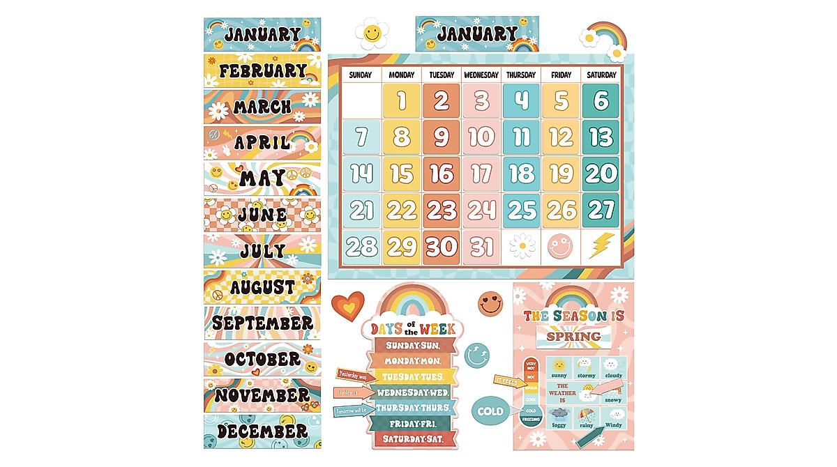 62Pcs Retro Classroom Decor: Bulletin Board Calendar & Charts