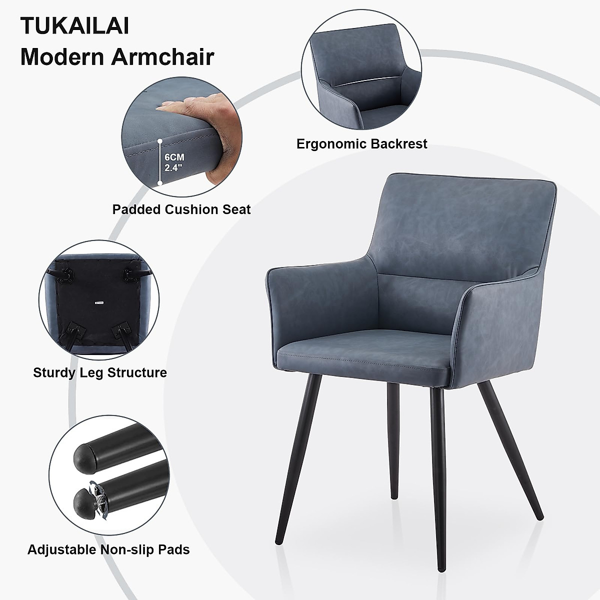 TUKAILAi Leisure Dining Chairs Set of 2, Faux Leather Upholstered Seat Kitchen Chairs with Armrests, Backrest and Metal Legs, Comfy Accent Lounge Chair for Reception Room Living Room (Blue)