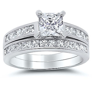 Princess Cut Wedding Ring Sets for Women White Gold 1 Carat Center Moissanite Bridal Sets Wedding Rings Engagement Ring Set Platinum Plated Silver 10K 14K 18K Gold with Text Engraving (14K Gold)