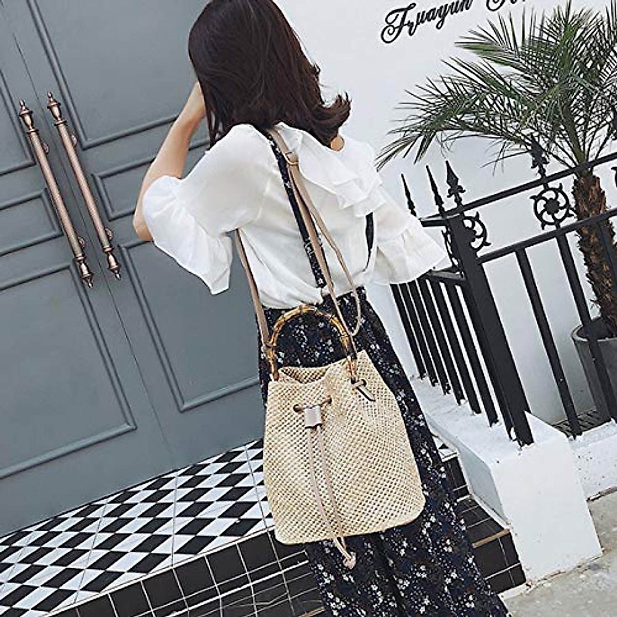 Women's Bucket Drawstring Handbag Straw Shoulder Bag Bamboo Tote Crossbody Bag Beach Bag