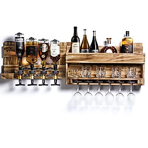Homde Wine Rack Wall Mounted Wood Wine Shelf with Bottle Stemware Glass Holder Rustic Wine Display Storage Rack with 4-Bottle Liquor Dispenser for Home Bar Kitchen Decor