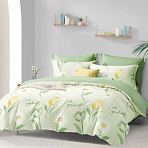 SAPHREAS Green Floral Tulip 4pcs Bedding Duvet Cover Set King Size 100% Cotton Spring Comforter Cover Set 1 Duvet Cover 2 Pillow Shams 1 Fitted Sheet