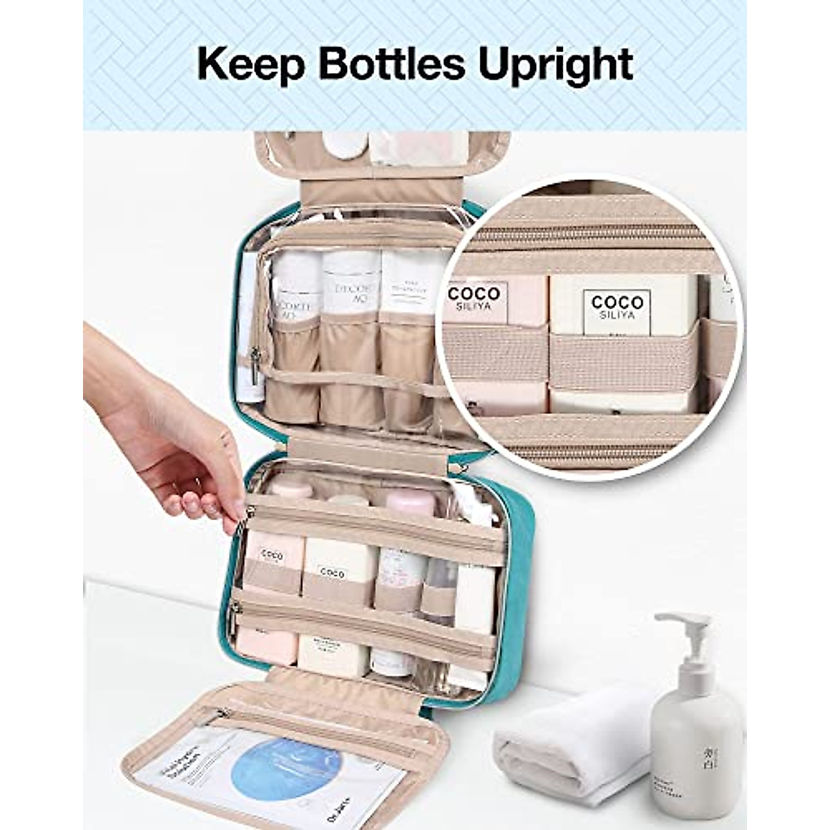 BAGSMART Toiletry Bag Hanging Travel Makeup Organizer with TSA Approved Transparent Cosmetic Bag Makeup Bag for Full Sized Toiletries (Blue, Large)