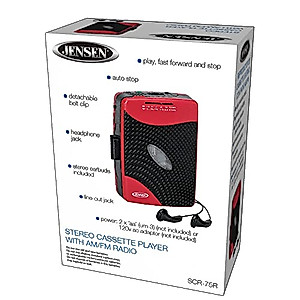 Jensen Portable Stereo Cassette Player with AM/FM Radio + Sport Earbuds (Red) - Exclusive