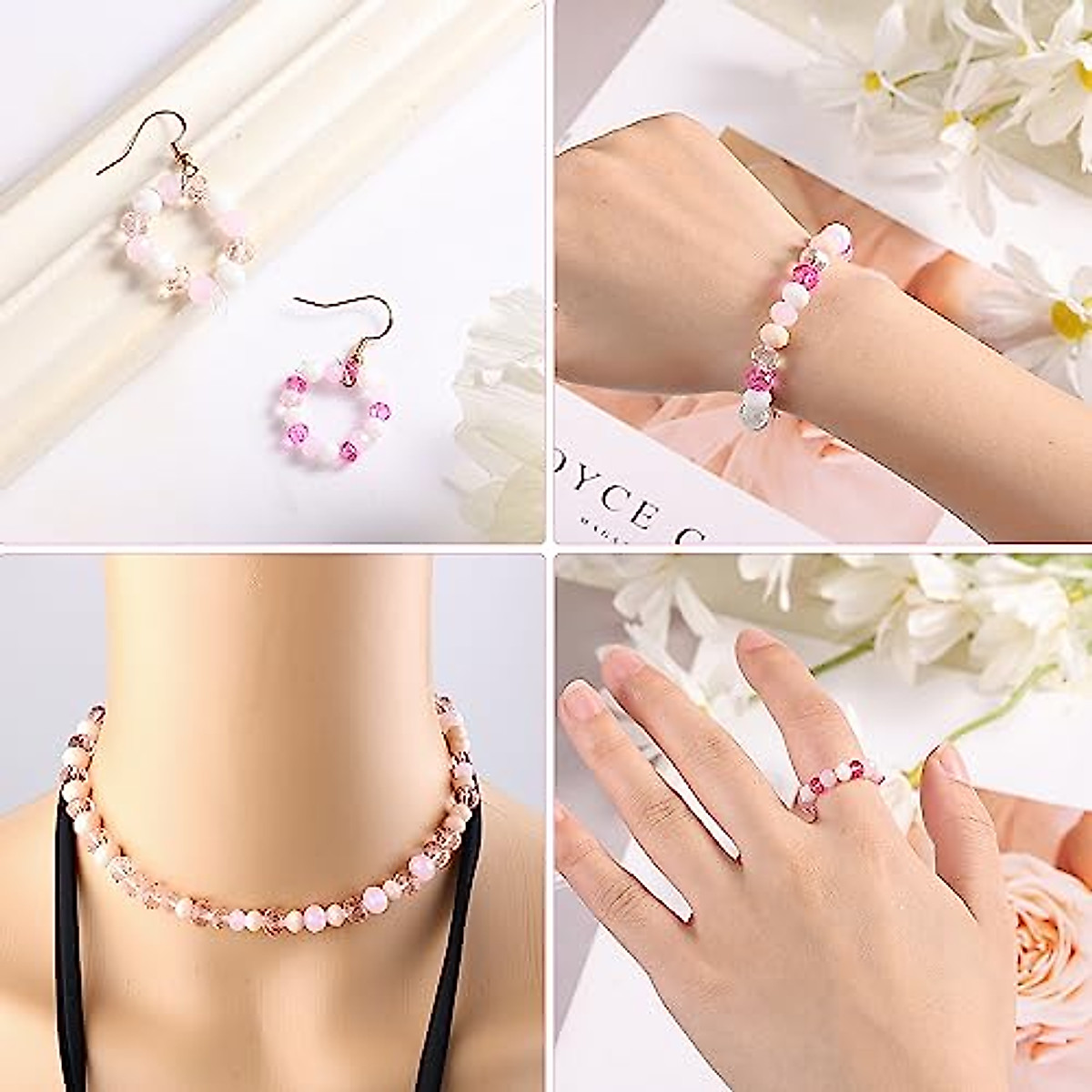 1000pcs Crystal Glass Beads Kit, 4/6/8mm Pink Loose Assorted Crystal Beads Sparkle Round Glass Beads with Holes for Jewelry Necklace Bracelet Making