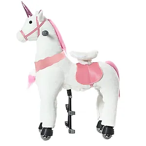 PONYEEHAW Ride on Unicorn Toys, Kids Riding Unicorn Toys Ride on Toys for 6-14 Years Old, Premium Plush Animals Toys Walking Unicorn with Wheels (White and Pink, 31.5" L x 13" W x 36.2" H)