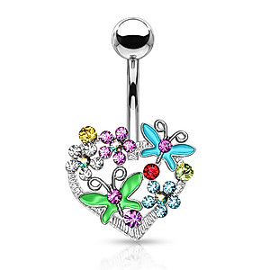 Forbidden Body Jewelry Surgical Steel Butterfly and Flower Heart Jeweled Belly Button Ring