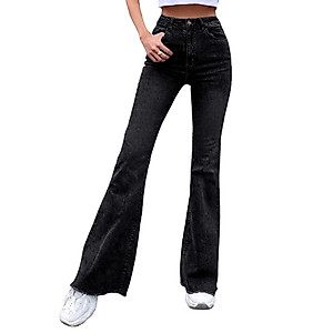 Floerns Women's High Waisted Flare Jeans Frayed Raw Hem Bell Bottom Denim Pants Black L