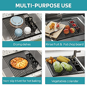 Roll Up Dish Drying Rack, Silicone Wrapped Over The Sink Multipurpose Foldable Dish Drainer Anti-Slip Dish Racks for Kitchen Counter, Sink Drying Rack Cover with Utensil Holder (Black, 17.3" x 17.6")