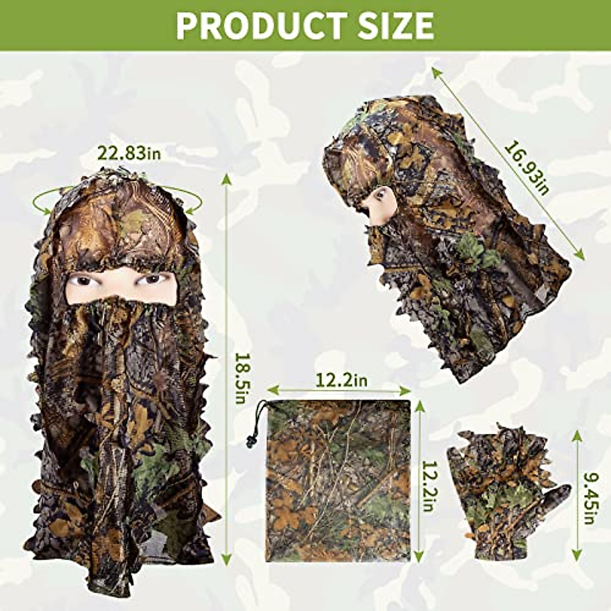 ELJGKKL Ghillie Suit, Adult 3D Leafy Suit for Hunting, Hunting Gear Including Hunting Clothes, Hunting Gloves, Leafy Face Mask and Bag, Lightweight Leafy Camo Suit for Jungle Hunting and Halloween, M