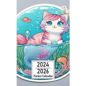 Pocket Calendar 2024-2026: Two-Year Monthly Planner for Purse , 36 Months from January 2024 to December 2026 | Kawaii cat mermaid sticker design