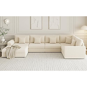 Modular Sectional Sofa, Oversized U Shaped Couch, Convertible Sleeper Sofa, 6 Seat Sofa with Chaise, Deep Seat Comfy Cloud Couch with Ottoman and Five Pillows for Living Room, Corduroy, Beige