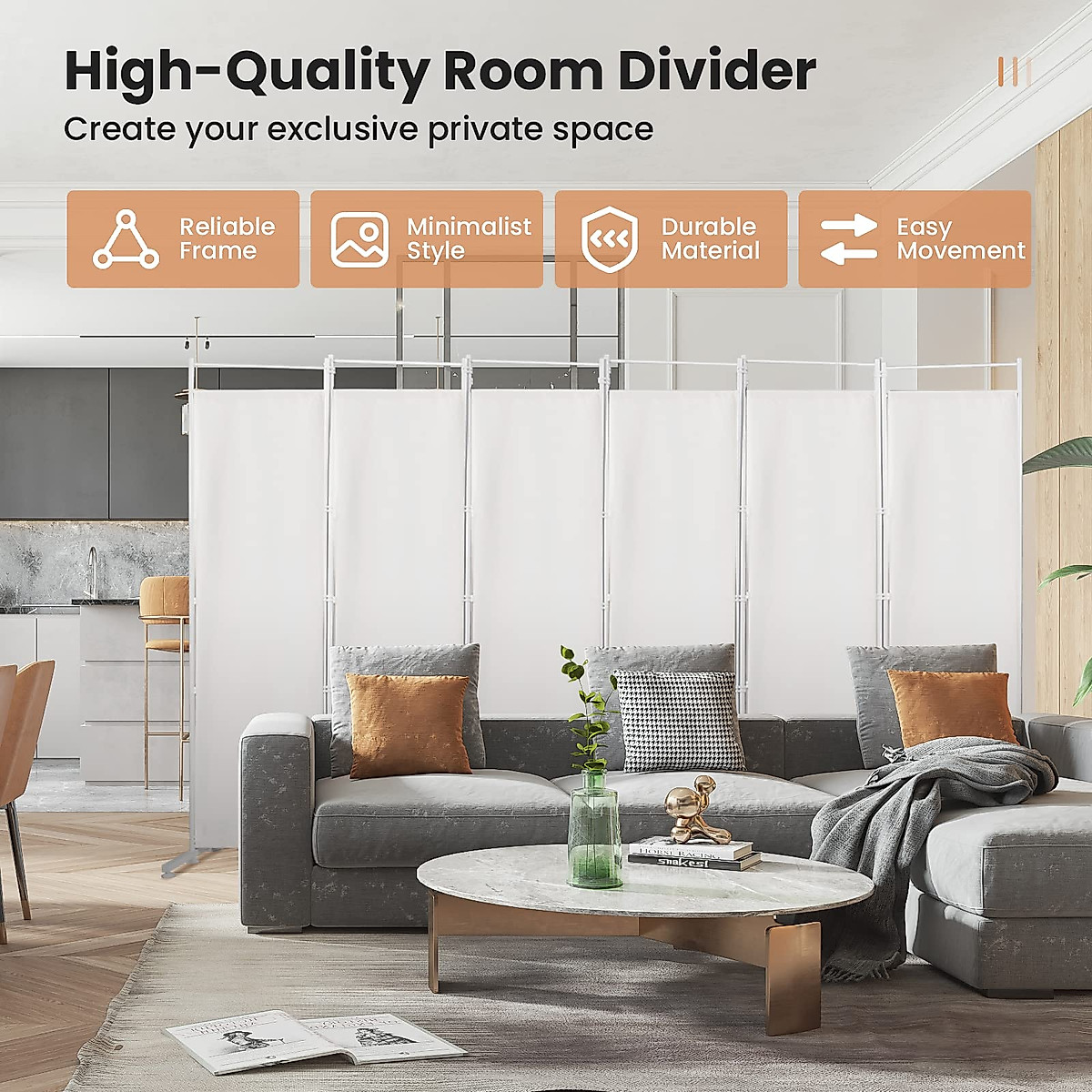 Nightcore 6 Ft Room Divider, 6 Panel Folding Wall Divider, Freestanding Partition with Adjustable Foot Pads, Perfect Privacy Screen for Home Office (White)