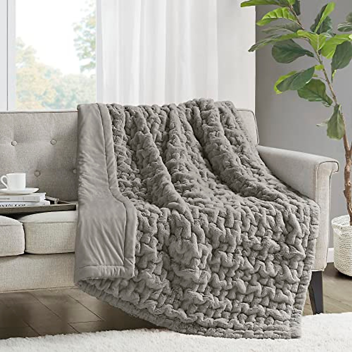 Madison Park Ruched Fur Luxury Throw Premium Soft Cozy Brushed Long Faux Fur For Bed, Couch or Sofa , 50x60" , Grey