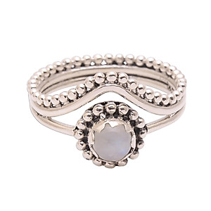 NOVICA Artisan Handmade Rainbow Moonstone Cocktail Ring Dot Motif from Bali Sterling Silver Single Indonesia [ring Front 0.6 in H x 0.4 in W x 0.2 in D Band Width 5 mm W] ' Enshrined'