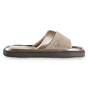 isotoner Women's Soft Microterry Wider Width Slide Slippers, with Satin Trim and Comfort Footbed, Stone, 8.5-9 Wide