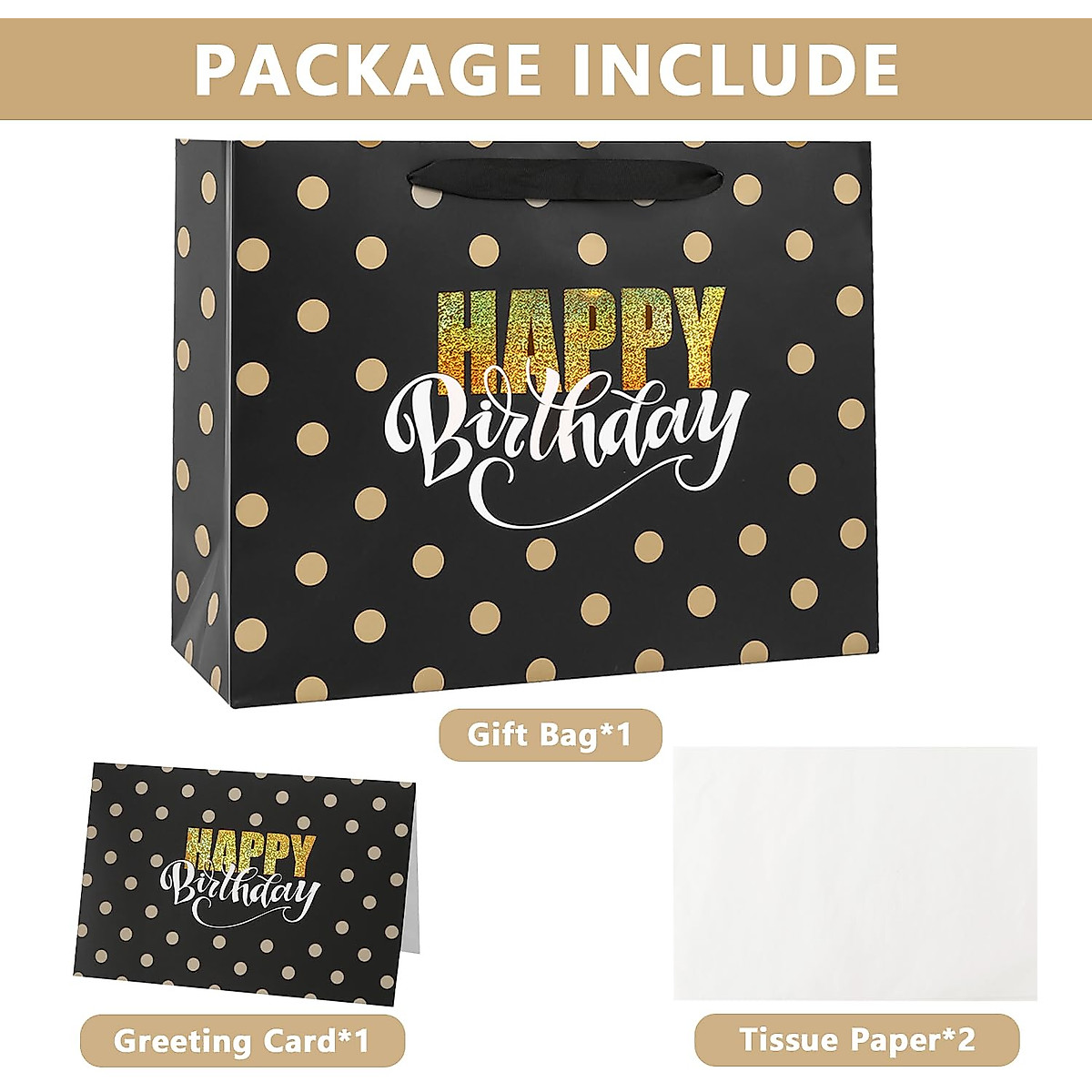 CAMKUZON Black Birthday Gift Bag with Card and Tissue Paper - Gold Foil Happy Birthday & Polka Dot Design - Large Gift Bags for Birthday Party, 13" X 10" X 5"