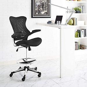 Modway Charge Drafting Chair - Reception Desk Chair - Drafting Stool with Flip-Up Arms in Vinyl, Black