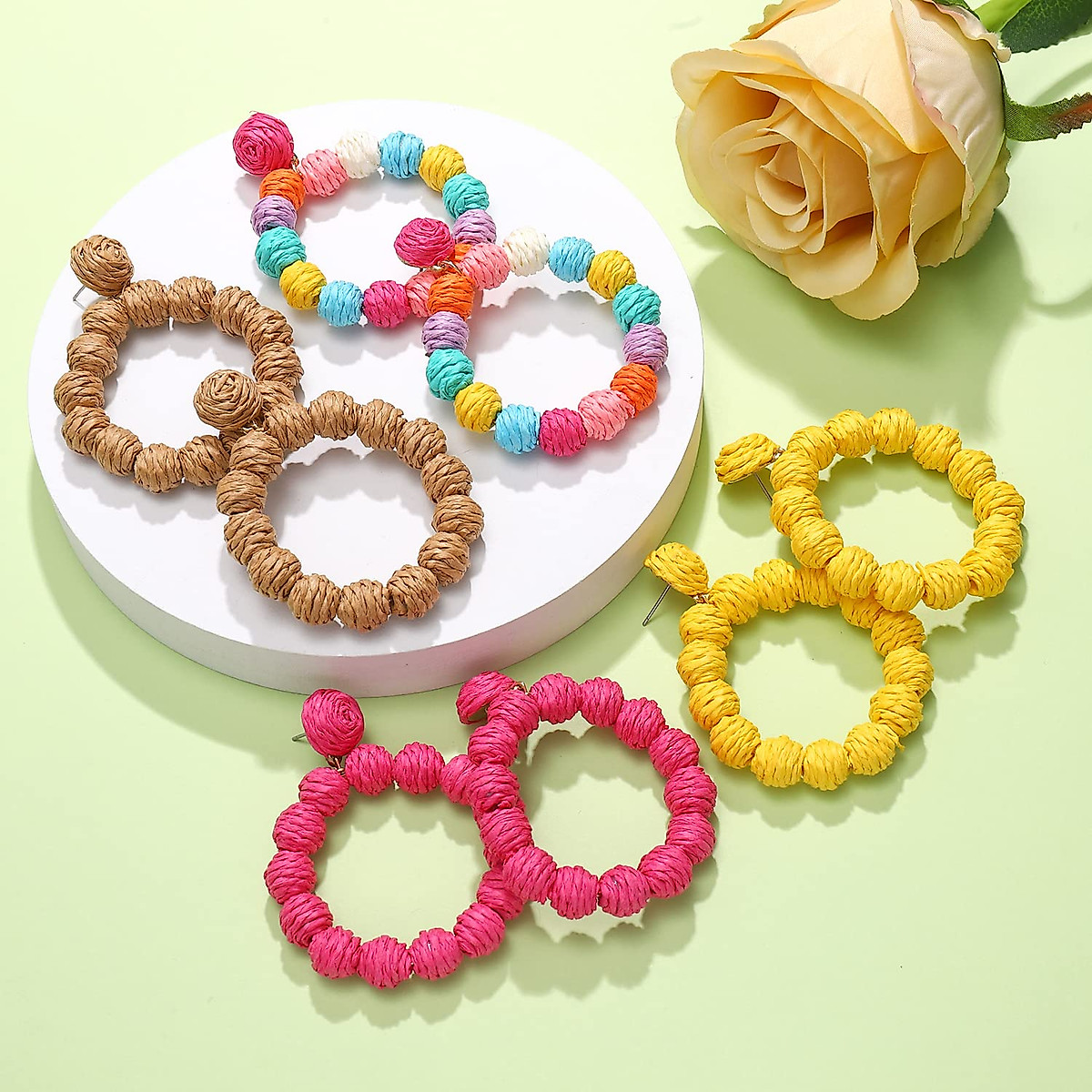 4 Pairs Rattan Earrings for Women Boho Raffia Ball Hoop Dangle Earring Set Handmade Summer Beach Earrings Lightweight Straw Wicker Braid Earrings Gifts (4Pairs Dangle Earrings)