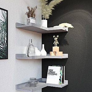 Boswillon 3 Tier Corner Floating Shelves with Protective Lip, Modern Corner Shelves Wall Mounted, Corner Ledge Shelves for Wall Decor, Grey Shelves for Living Room, Bedroom, Bathroom - Gray