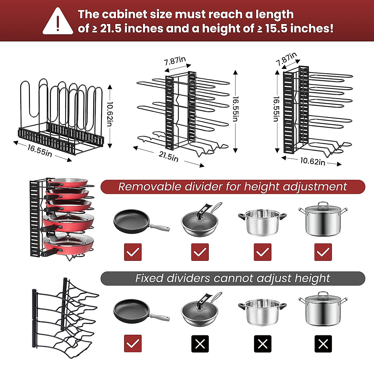 Podxco Pan Organizer Rack for Cabinet Pot Rack with 3 Diy Methods Adjustable Pot and Pan Organizer with 8 Tiers Pot Lid Organizer Holder Metal Heavy Duty Pot Organizer for Kitchen Counter and Cabinet