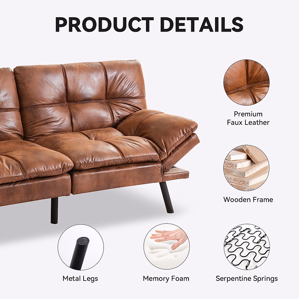 Hcore Convertible Futon Sofa Couch,3” Memory Foam Splitback Sofa,Brown Faux Leather Memory Foam Loveseat,Small Euro Lounger Sofa for Compact Living Spaces,Apartment,Studio,Office/Cushion Thickening