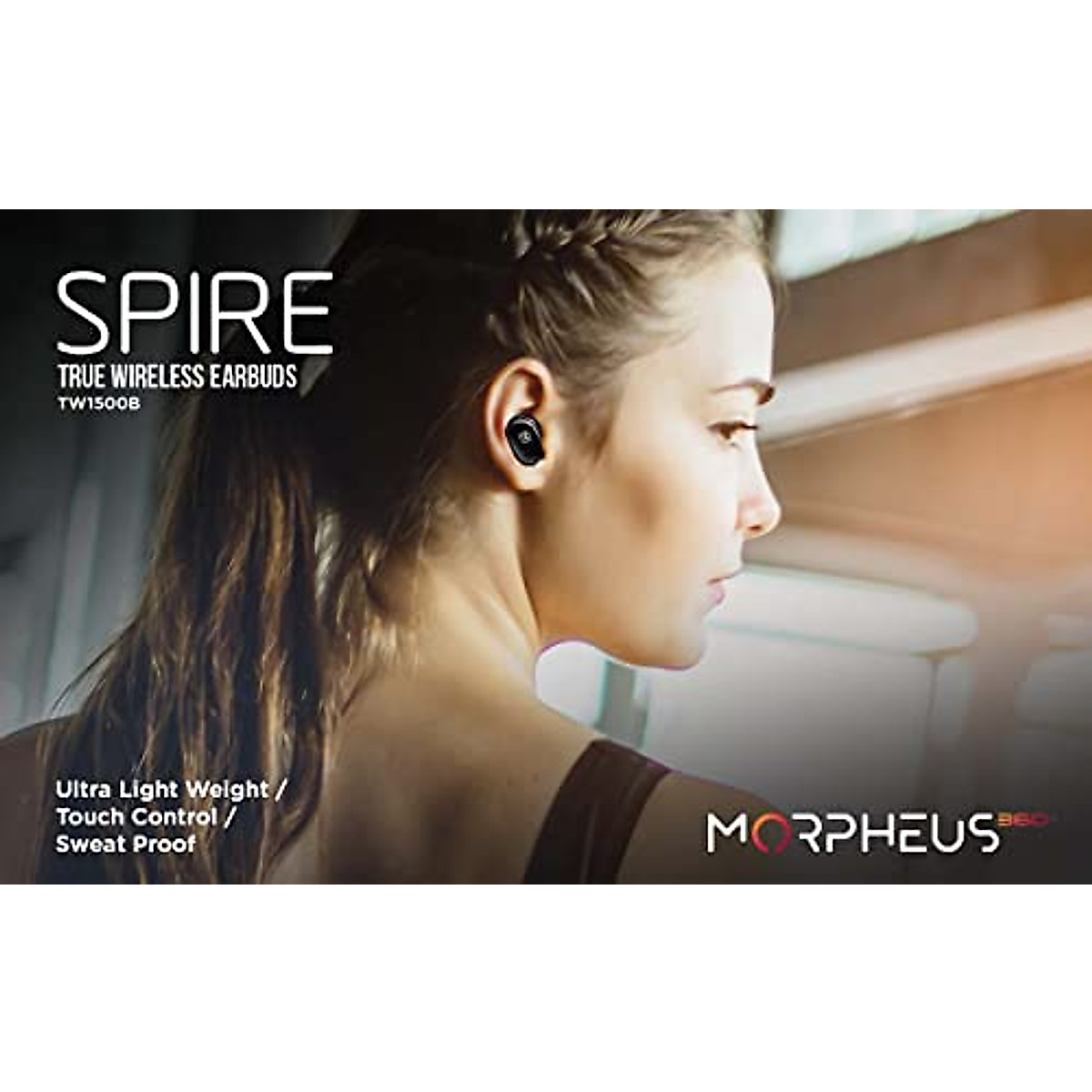 Morpheus 360 Spire True Wireless Earbuds TW1500B (Black), Noise Isolation Touch Control Light-Weight Mini Sweat Proof Waterproof Earbuds with Deep Bass