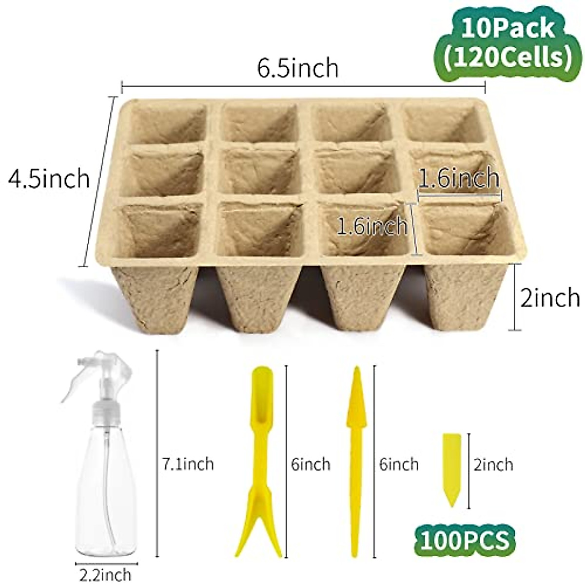 120Cells Seedling Start Trays,10 Pack Peat Pots Seedling Pots Biodegradable,Seedling Starter Kit,Organic Germination Plant Starter Trays,Cell Pots with 100 Labels,2 Transplant Tools,1 Spray Bottle