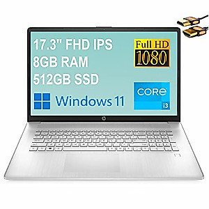 HP 17 Flagship Business Laptop 17.3" FHD IPS Anti-Glare Display 11th Gen Intel Quad-Core i3-1125G4 (Beats i5-8250U) 8GB RAM 512GB SSD Intel UHD Graphics USB-C Webcam Win11 Silver + HDMI Cable