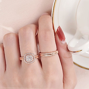 SHELOVES Womens Double Halo Rose Gold Wedding Engagement Ring Set 925 Sterling Silver Cubic Zirconia Sz 7