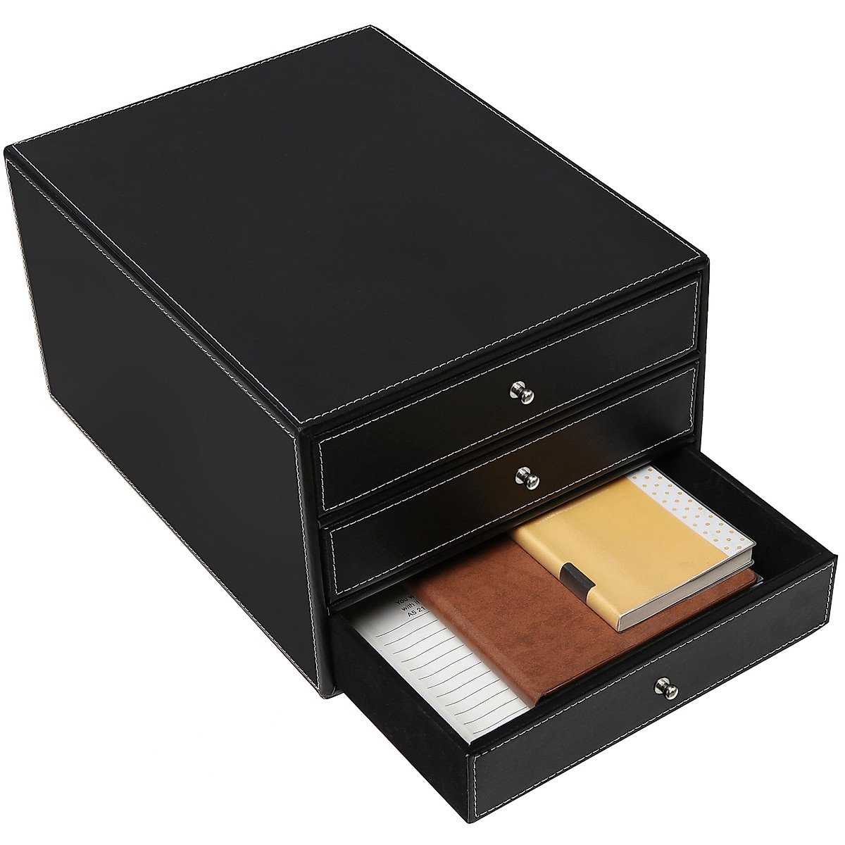 MyGift Executive 3-Drawer Leatherette Document Holder - Office Desk Filing Storage Box with Drawers, Black