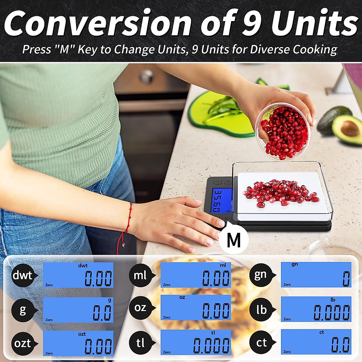 Food Kitchen Scale, Food Scales Digital Weight Grams and Oz, High Precision Digital Scale, LCD Display, with 2 Trays, Cooking, Tare Function, Baking (Black)