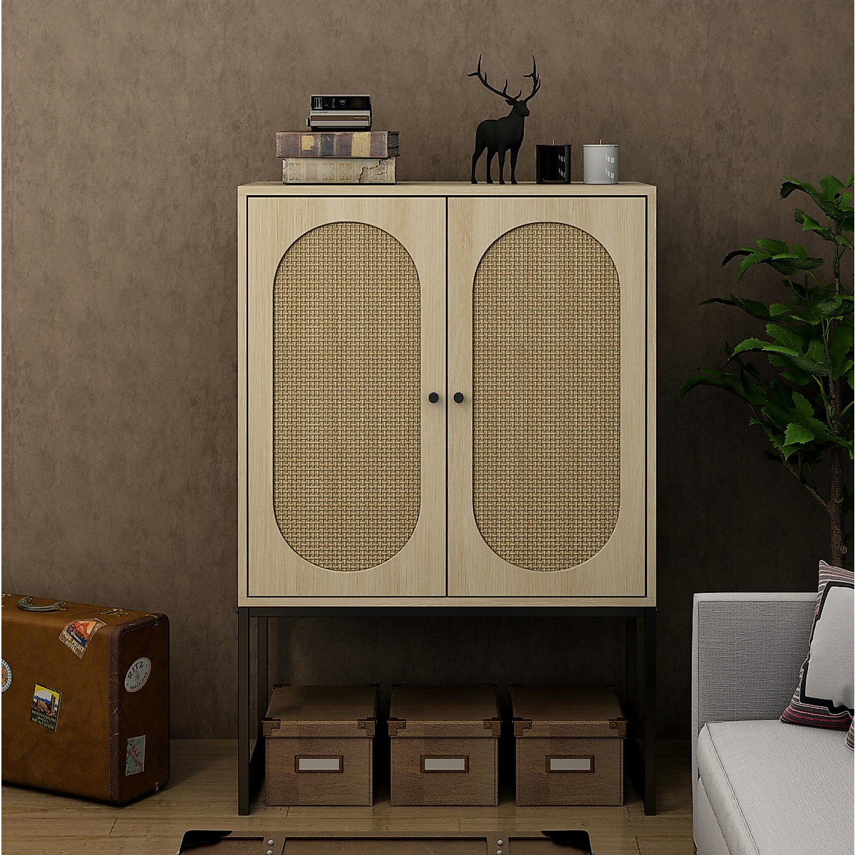 Lamerge Rattan Cabinet,2 Door Sideboard Buffet Cupboard Accent High Cabinet with Natural Rattan,Free Standing Bookmatch,Adjustable Shelves,Easy Assembly,Rustic Oak Beige (LRC-ob)