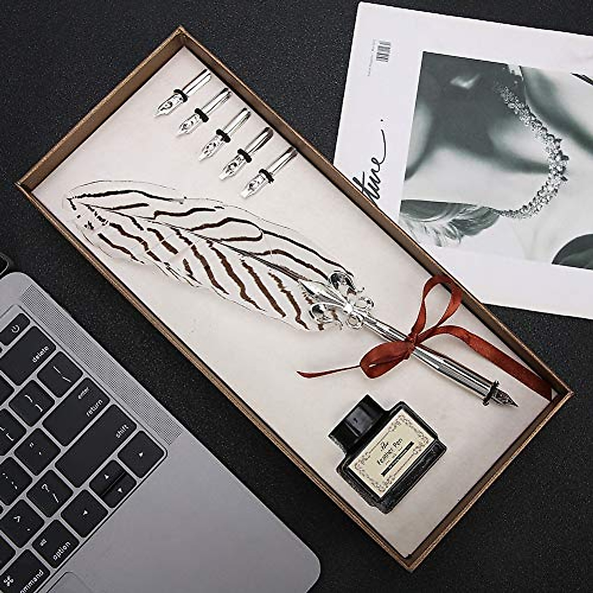 Tyenaza Quill Pen and Ink Set, Feather Pen Ink Set, Feather Calligraphy Pen Set, Valentine’s Day Gift for Writing Lovers Birthday Gift, Holiday Ideal Gift