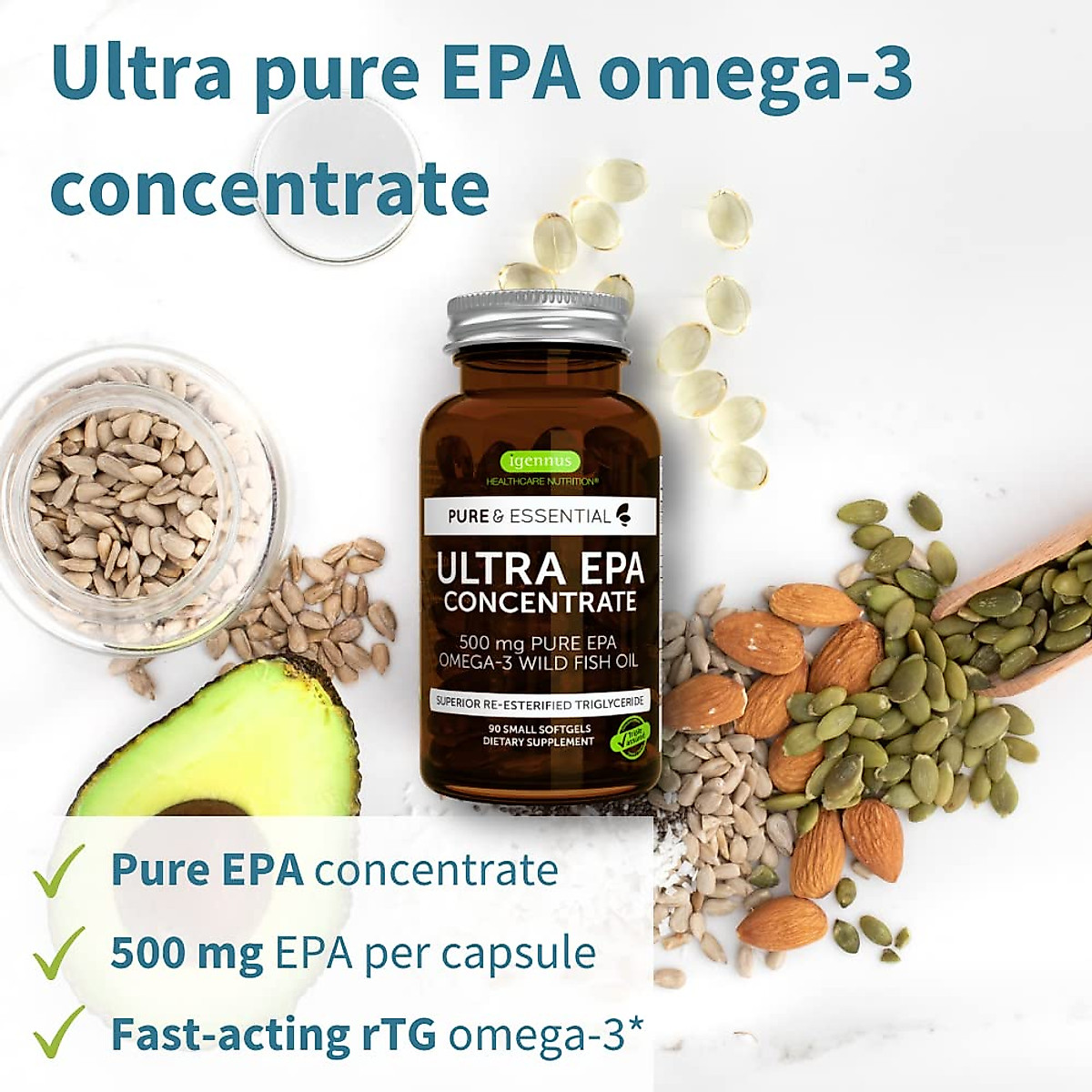 Pure & Essential Ultra Pure EPA Omega-3 Concentrate 500 mg, Wild Fish Oil, rTG, 90 Small Softgels