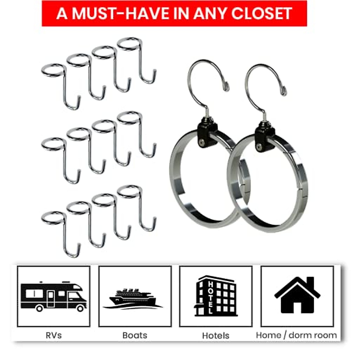 Closet Organization Bundle featuring 2 Multipurpose Rolly Hangers and 12 Hook hanger Connectors. This unbeatable combination is designed to solve your closet space limitations by creating space-saving