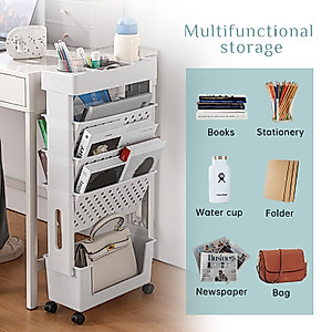 5 Tier Mobile Bookshelf Rolling Book Rack with Wheels, Removable Storage Bookcase Slim Rolling Storage Book Cart for Students Teachers and Adult in School Home Office