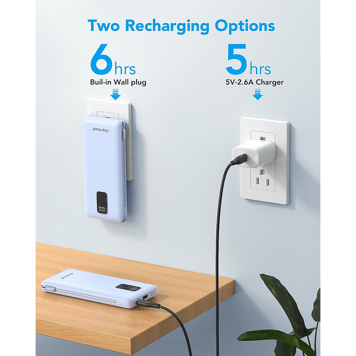 Charmast Portable Charger with Built-in Cables and AC Wall Plug, 10000mAh Ultra Slim Power Bank, External Battery Pack, Travel Accessories Compatible with iPhone 14/13, Samsung Galaxy, etc