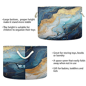 Kigai Cotton Rope Basket Blue Gold Marble Large Storage Basket for Toys Blanket Baby Laundry Basket for Nursery, Closet, Bedroom, Home Organization