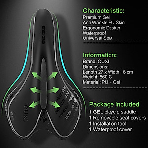OUXI Comfort Bike Seat Comfortable Gel Bicycle Saddle Replacement Soft Padded with Shock Absorbing Waterproof for MTB Mountain Bike Road Bike Exercise Bike Men Women and Ladies-Black