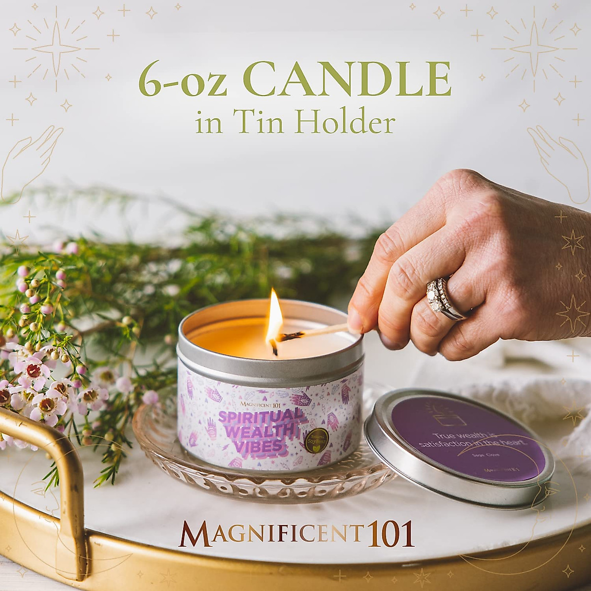 Magnificent 101 Spiritual Wealth Vibes 6-oz. Candle in Tin Holder; 100% Natural Soy Wax with Sage & Clove Essential Oils for Aromatherapy, Energy Cleansing, Meditation & Intention Setting; Great Gift
