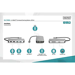 Digitus 8-Port USB-C Dock, 2xUSB3.0, 1xRJ45, 2xHDMI, 1xPD, 1xMicro SD, 1xSD, Grey