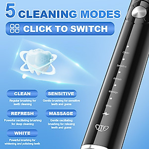 JTF Sonic Electric Toothbrush for Adults - Teeth Whitening Toothbrush with 6 Brush Heads and a Travel Case, Fast Charging for 60 Days Use Waterproof Toothbrushes, Black