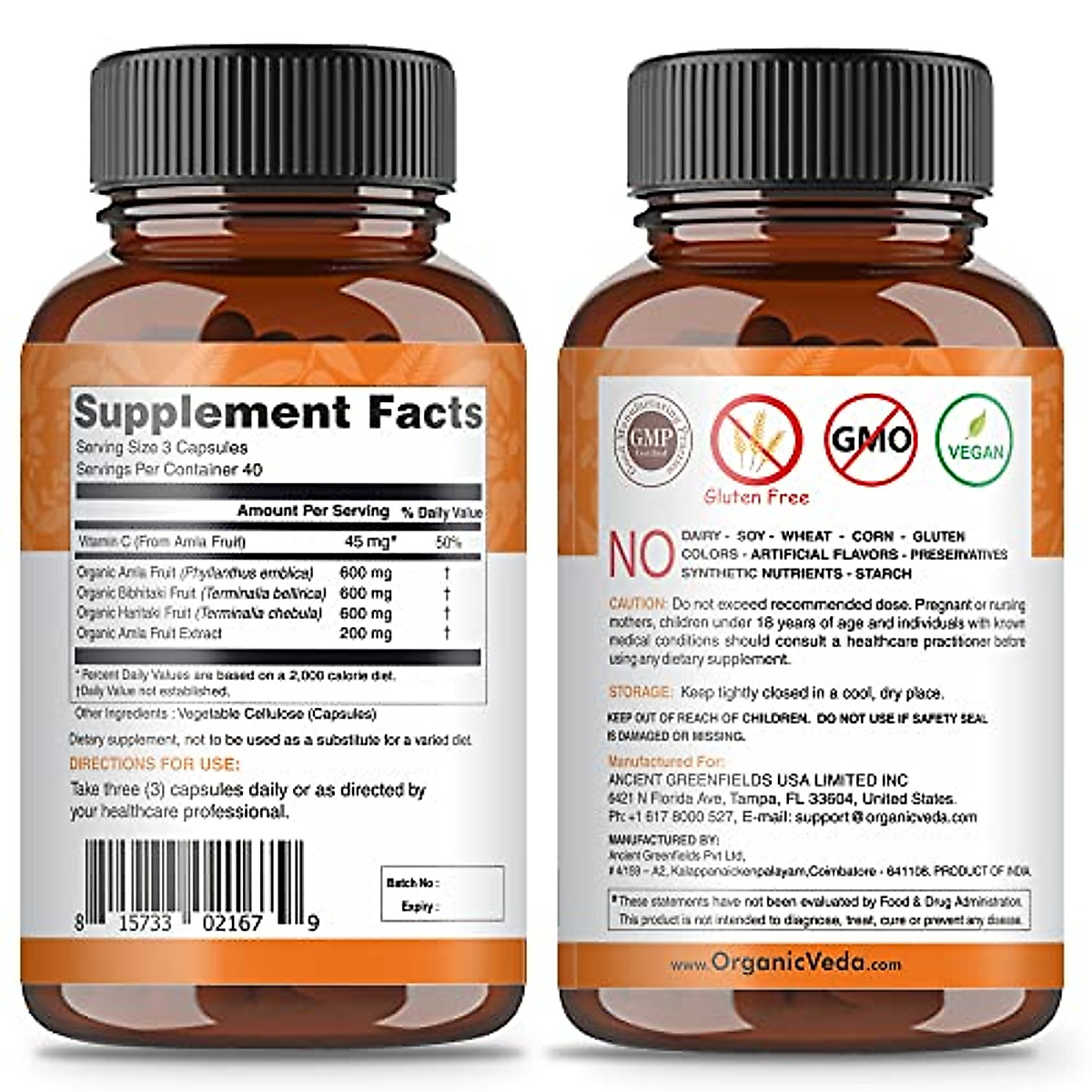 Organic Veda Triphala Capsules, 2000mg – Premium Ayurvedic Herbal Supplement Made with Organic Herbs Amla, Haritaki, Bibhitaki Fruits for Colon, Digestive & Immune System – 120 Veggie