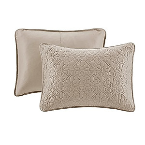 Madison Park Quebec Reversible Quilt Set Damask Design, Double Sided Stitching All Season, Lightweight Bedspread Bedding Set, Matching Sham, Khaki, King(120"x118") 3 Piece