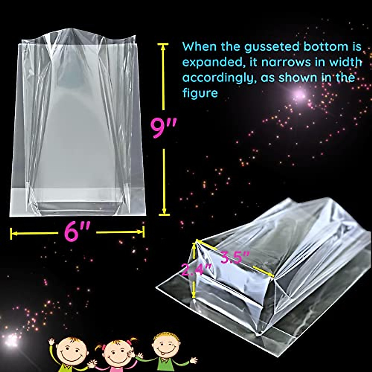 PigPotParty 6"x 9", 100Pcs Bottom Gusset Bags, Clear Plastic Cellophane Treat Goodie Bags with Twist Ties for Party Favor, Candy, Cookie, Popcorn, Dessert, Bakery, Small Gift Wrapping(No Side Gusset)