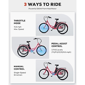 Viribus Electric Trike, 250W Electric Tricycle for Adults with UL 36V 13Ah Battery, 3 Wheel Electric Bike for Men Women Seniors with Basket, Ebike Trike 330lb. 24 26 in Etrike E Trikes Peach