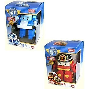 Robocar Poli 2 Pack Poli + Roy Transforming Robot Toys, 4" Transformable Action Figure Car Toy, Rescue Team Emergency Vehicle Playset, Holiday Birthday Rescue Car Toys Gift for Boys Girls Age 1-5