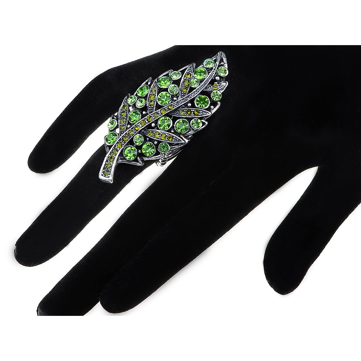 Alilang Womens Silvery Tone Emerald Peridot Green Crystal Rhinestone Leaf Stretchy Adjustable Ring