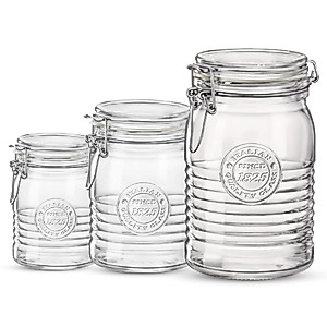 Bormioli Rocco Officina 1825 Variety Pack, Set Of 3 Glass Jars (33.75 Oz. 25.25 Oz. 17 Oz.), Wide Opening, With Airtight Hinged Lid, clear, Made In Italy.